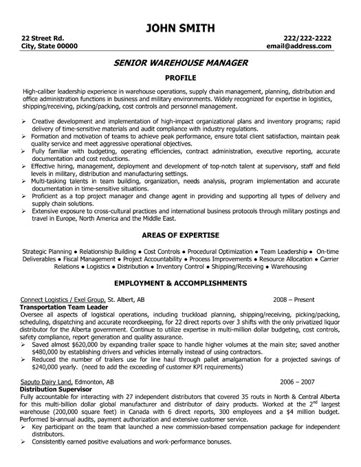 Warehouse Manager Resume Sample Template